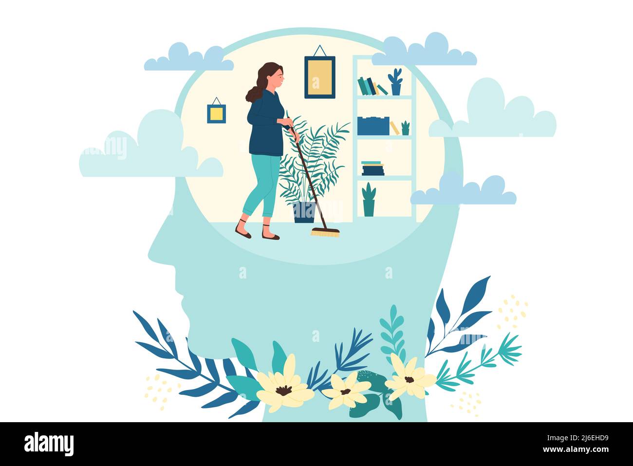 Girl with mop cleaning inner room inside abstract human head. Cartoon ...