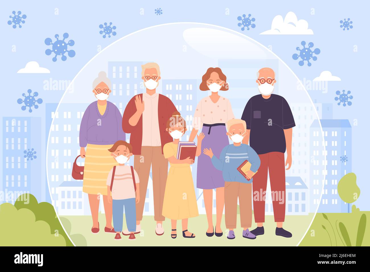 Family people protect health with immune bubble shield vector ...