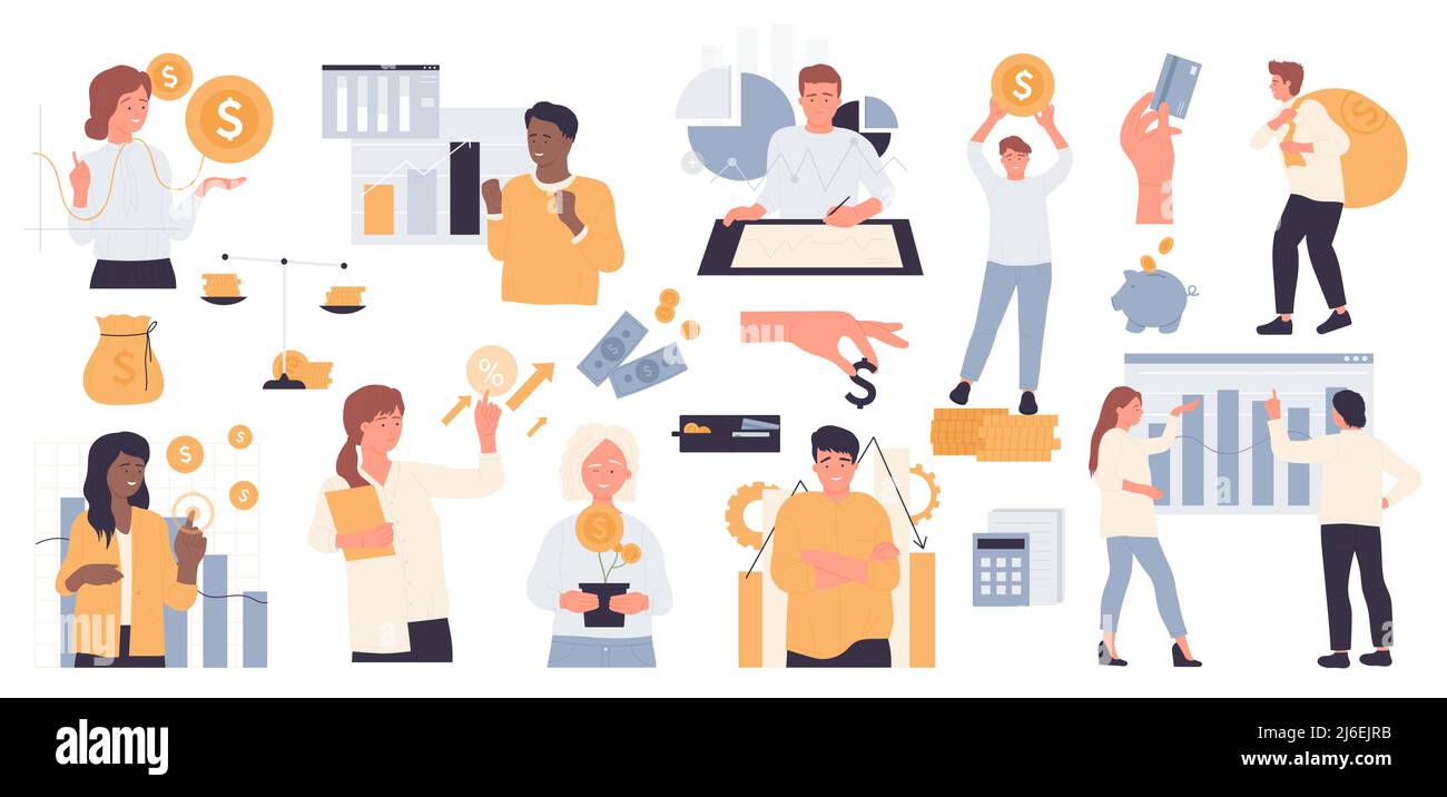 Business people increase stock market profit set vector illustration ...