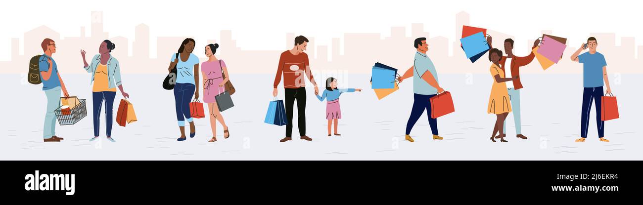 Shopper people walk with shopping bags full of purchases set vector ...