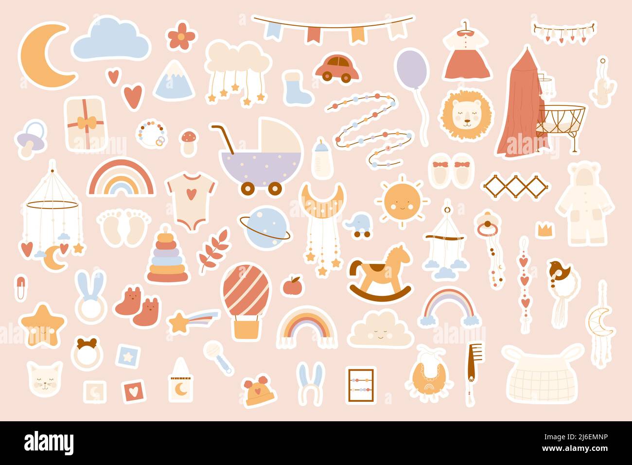 Boho baby clipart set for newborn girls and boys. Cartoon nursery ...