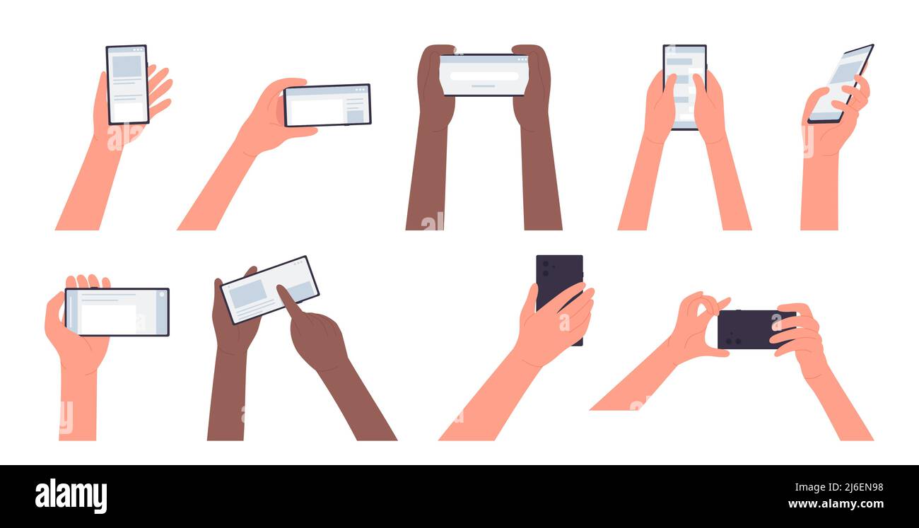 Hands of people hold phones set, tap, scroll and touch screen with ...