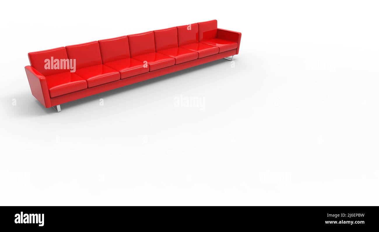 Extremely long red sofa isolated on white background. 3d rendering ...