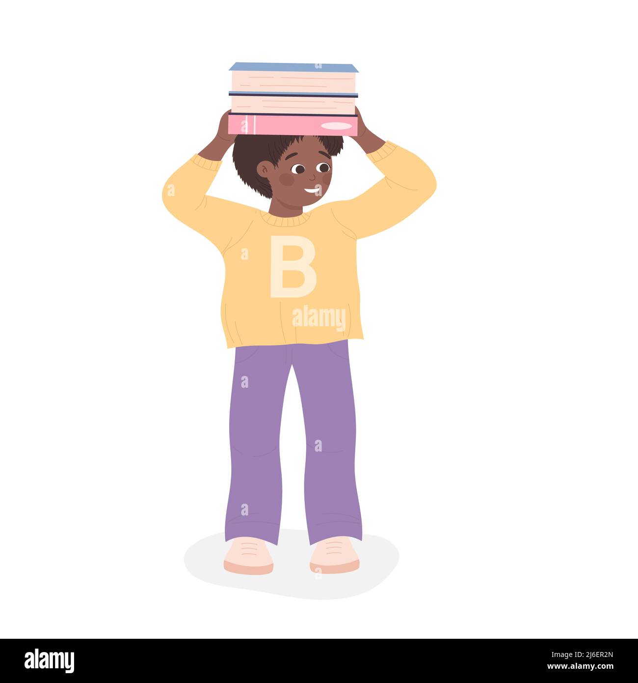 Dark skin little boy holding on his head pile of books. Schoolkid with ...