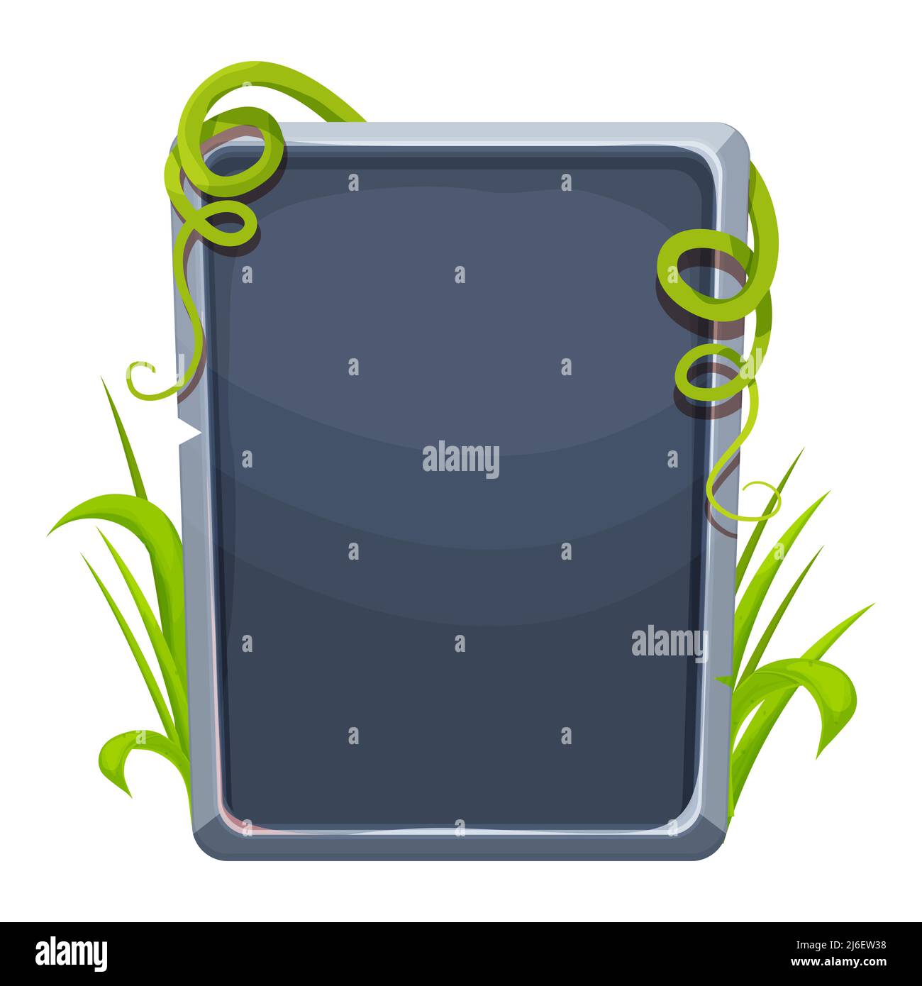Jungle stone frame with grass and liana, user interface, menu board in comic cartoon style ...