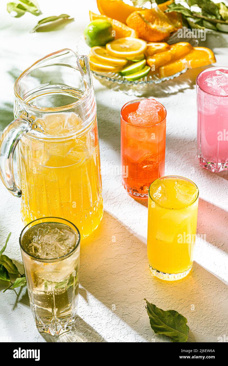 Iced cold fresh fruit juice, healthy drinks. Summer background Stock ...