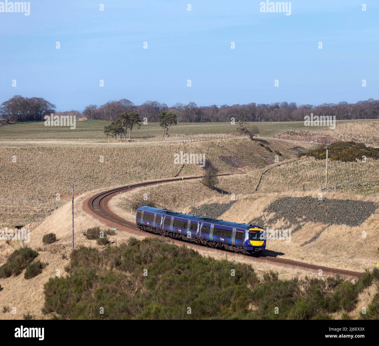 3 car Scotrail class 170 Turbostar DMU train passing the countryside on ...