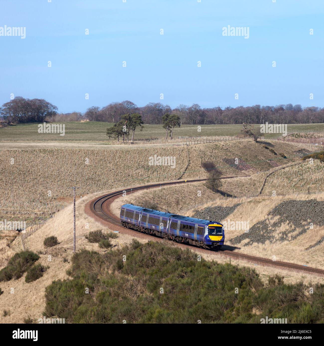 3 car Scotrail class 170 Turbostar DMU train passing the countryside on ...