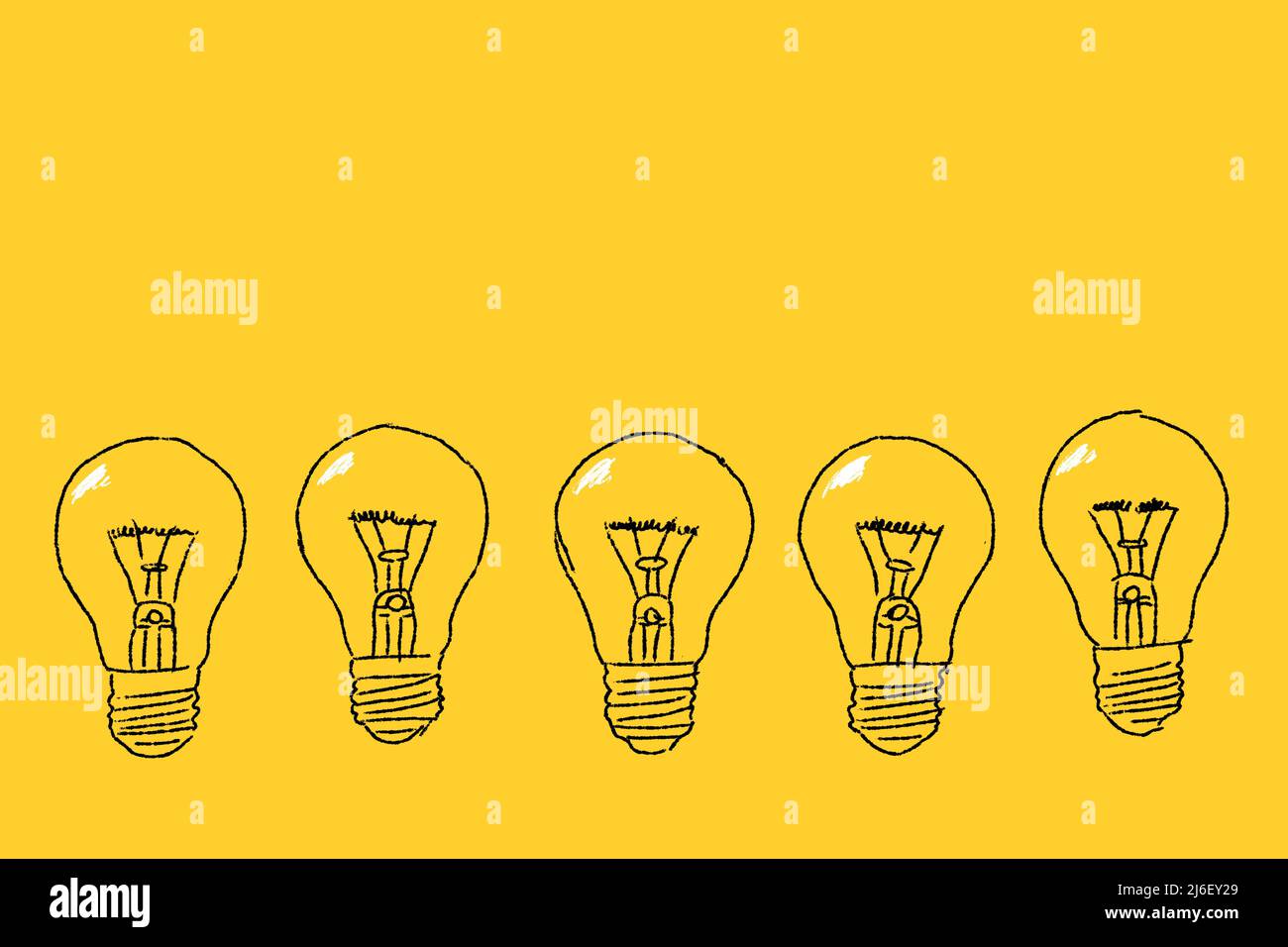 Set of light bulbs hand drawn on a yellow background. Thinking, idea ...