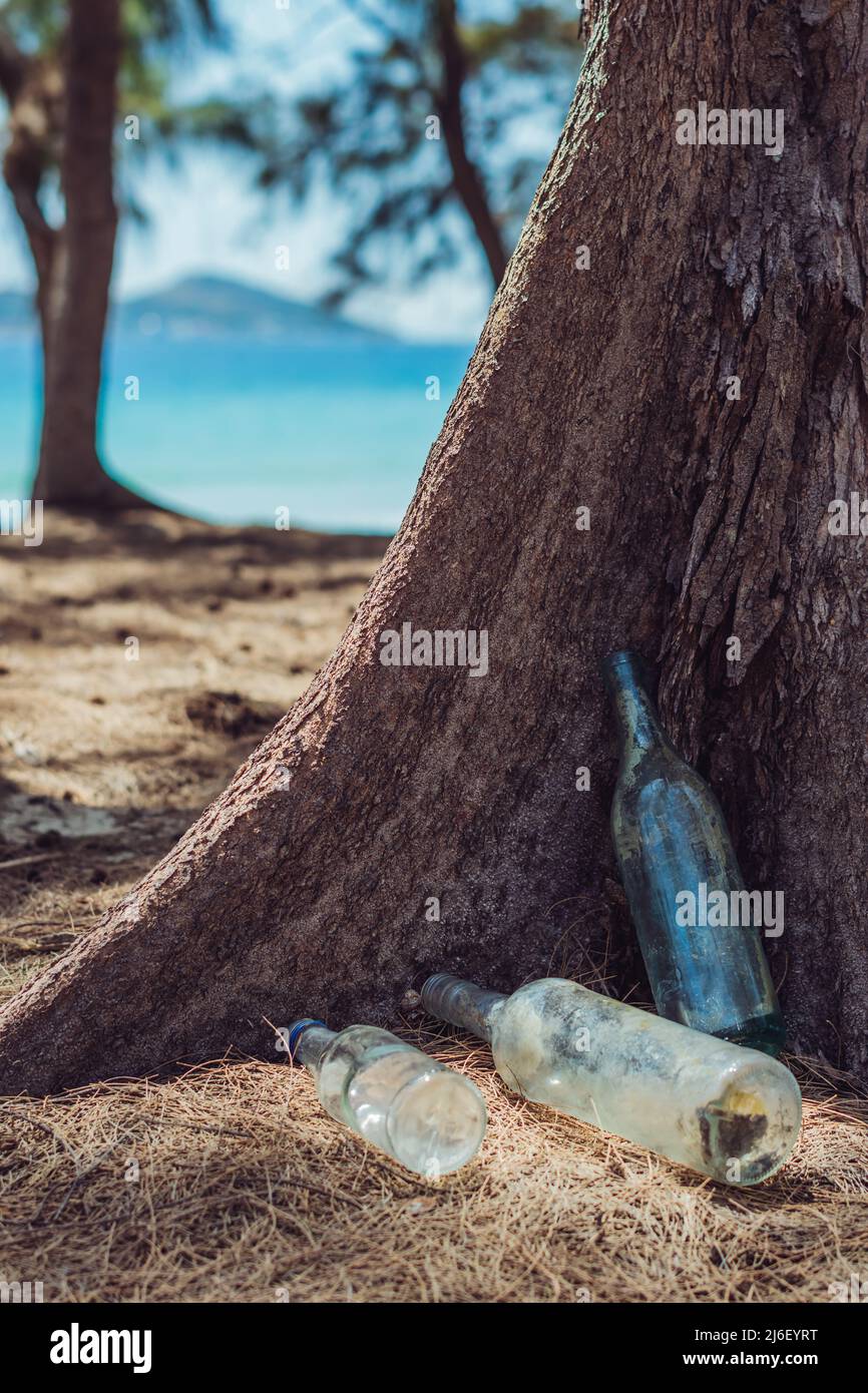 Landfill old dirty transparent discarded empty glass alcohol drinks ...