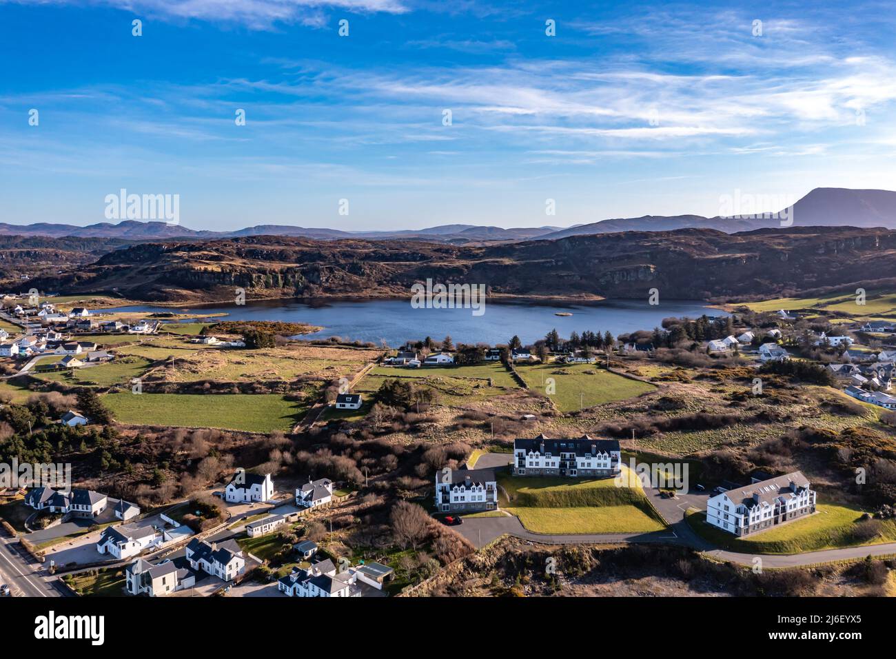 Aerial view of Portnablagh with Sessiagh Lake in the background, County ...