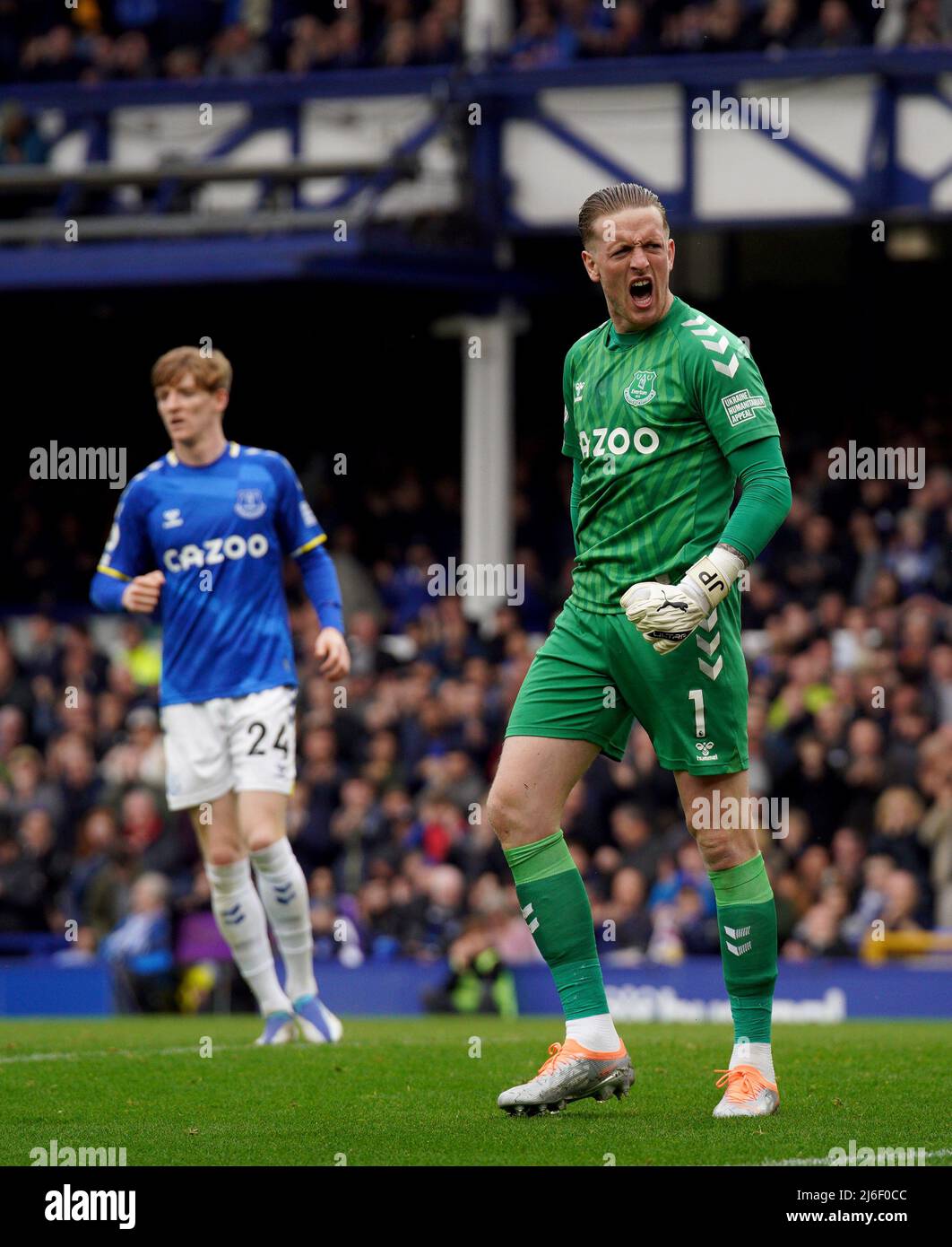 Everton goalkeeper Jordan Pickford celebrates a save during the Premier ...
