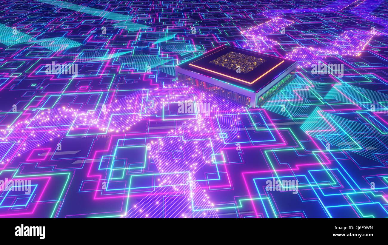 Modern AI processor at work on motherboard, data flow, particles and ...