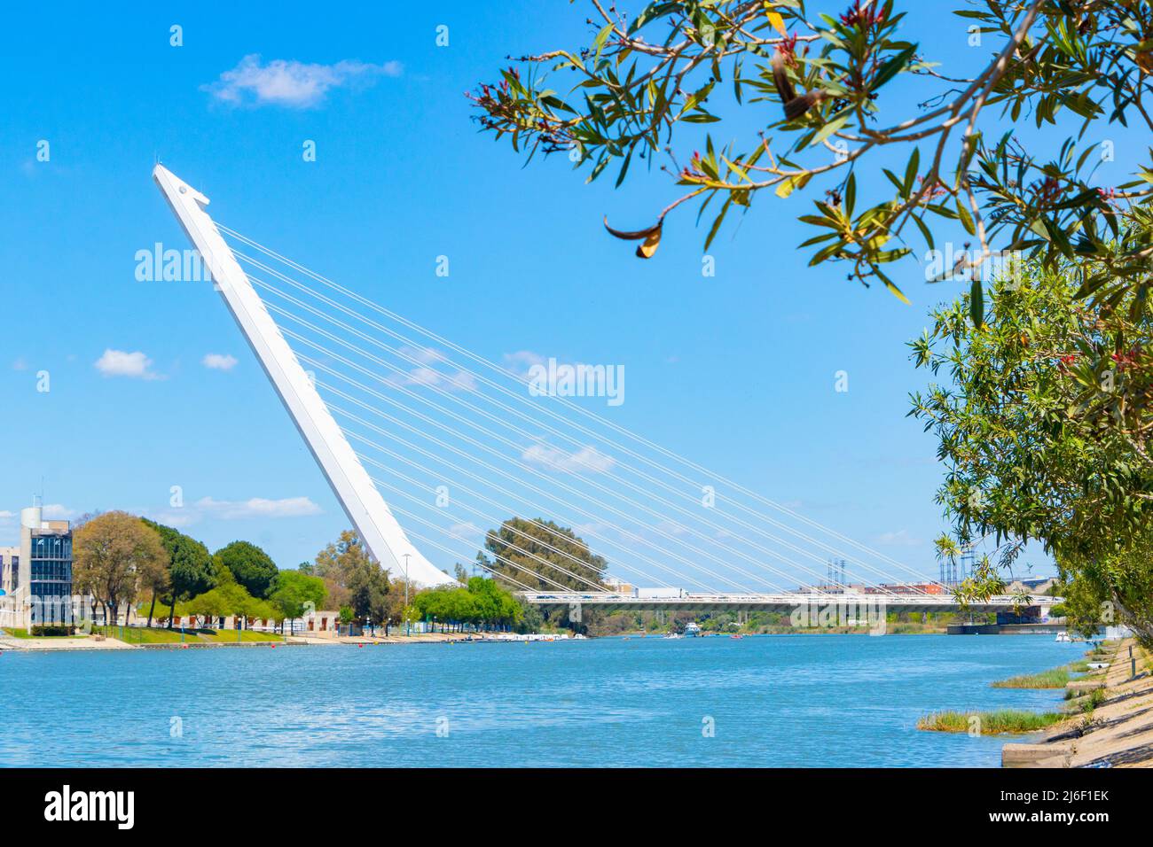 Puente del Alamillo or Alamillo bridge over canal Sevilla-Bonanza in seville Spain designed by ...