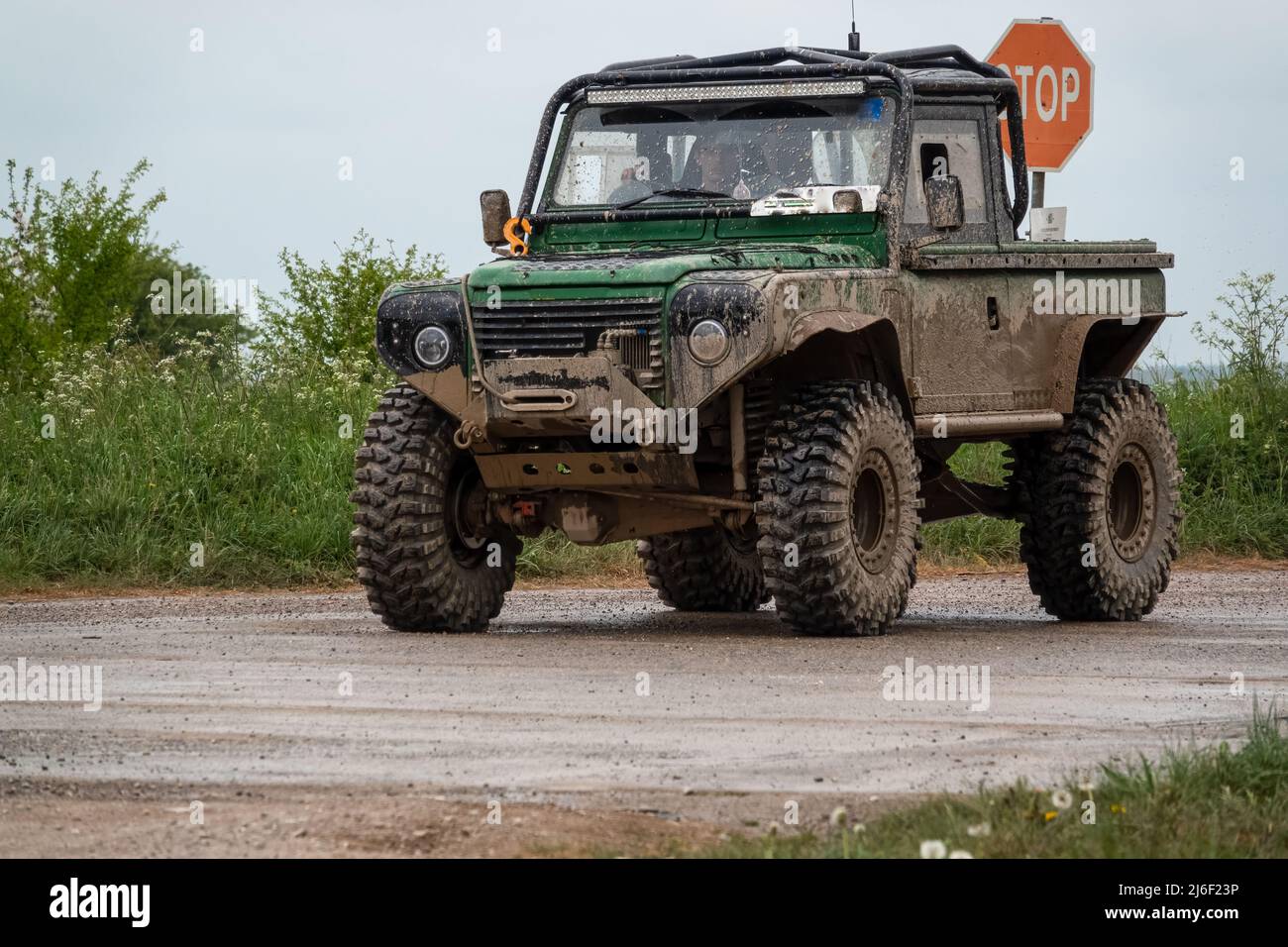 adapted Land Rover Defender SWB on a stone track to head off-roading ...