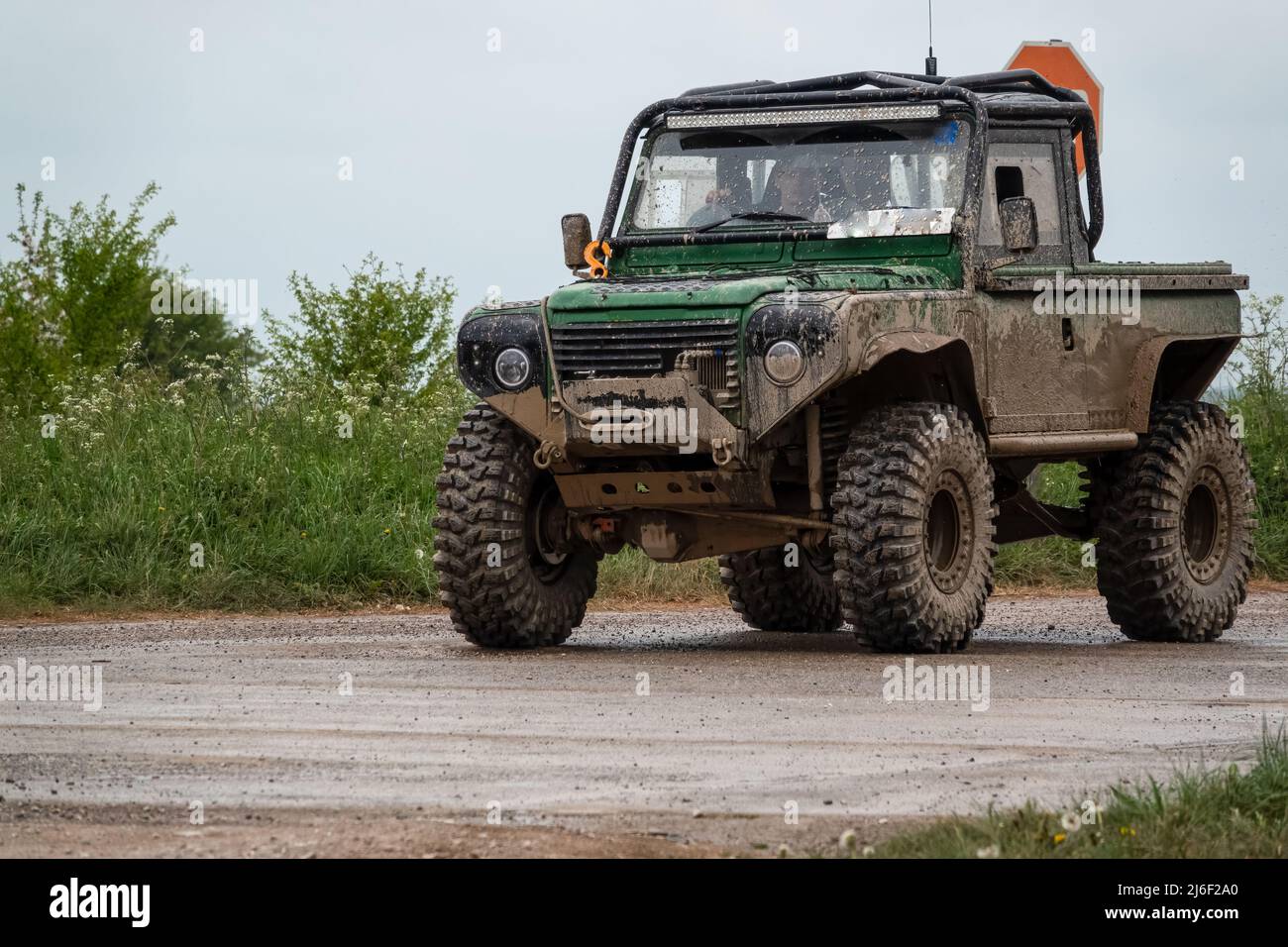 adapted Land Rover Defender SWB on a stone track to head off-roading ...