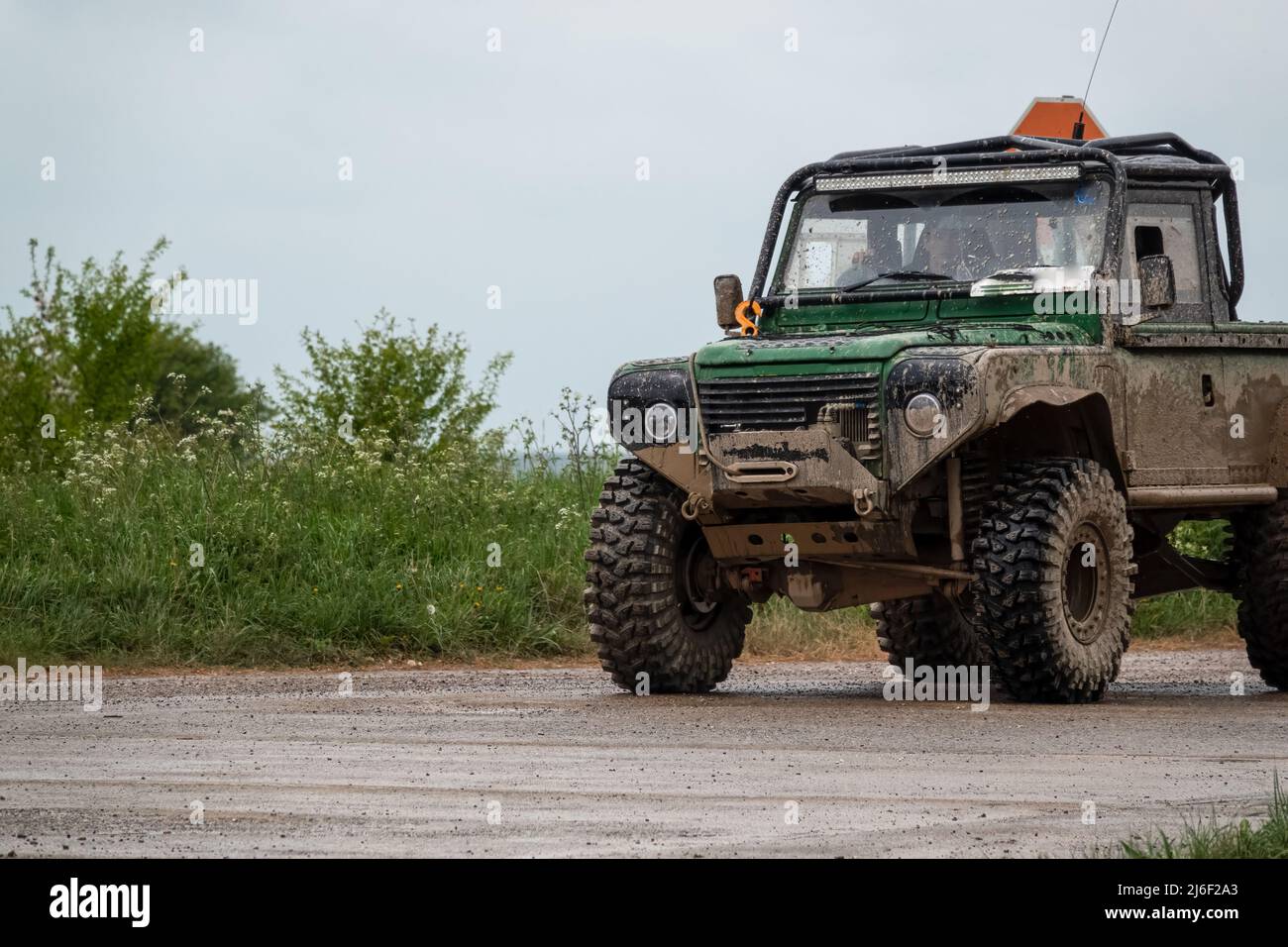 adapted Land Rover Defender SWB on a stone track to head off-roading ...