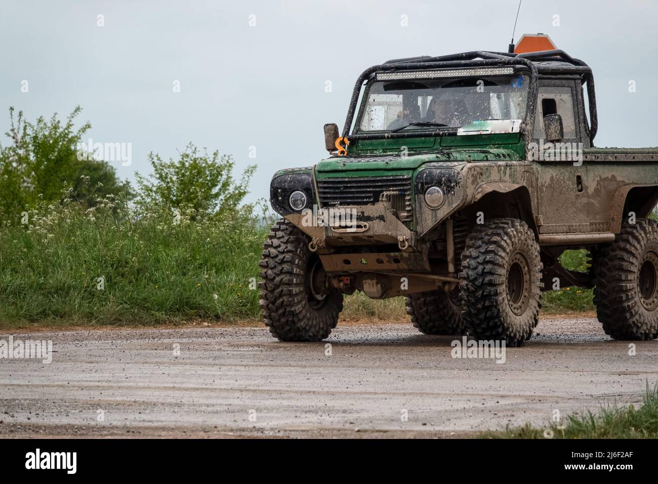 adapted Land Rover Defender SWB on a stone track to head off-roading ...