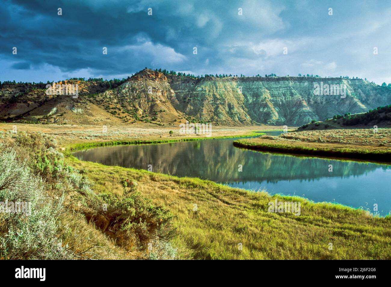 approaching storm above the tongue river in a canyon below tongue river ...