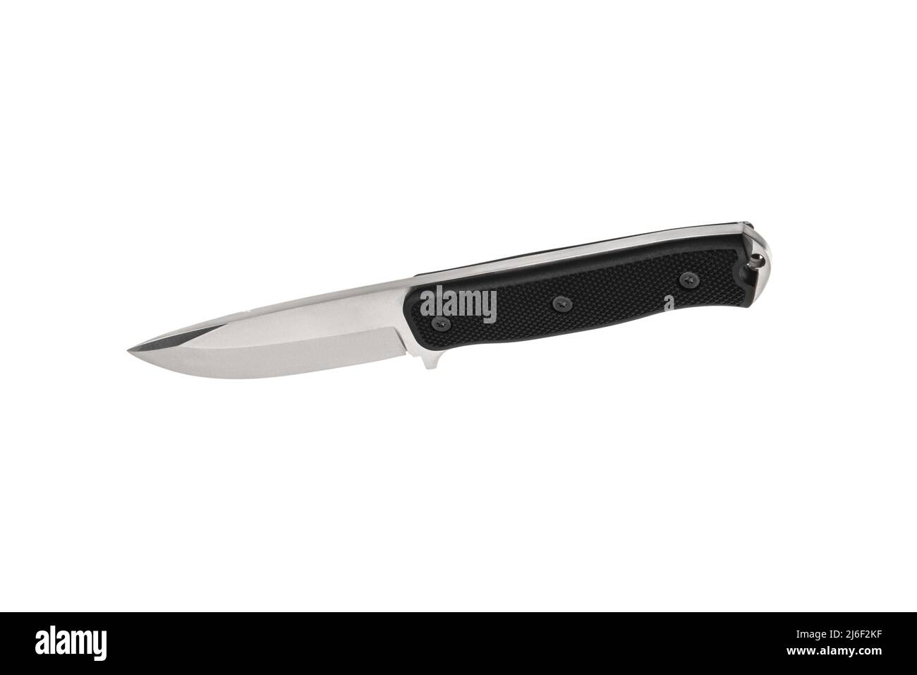 Modern hunting knife with silver blade and rubber handle. Steel arms ...