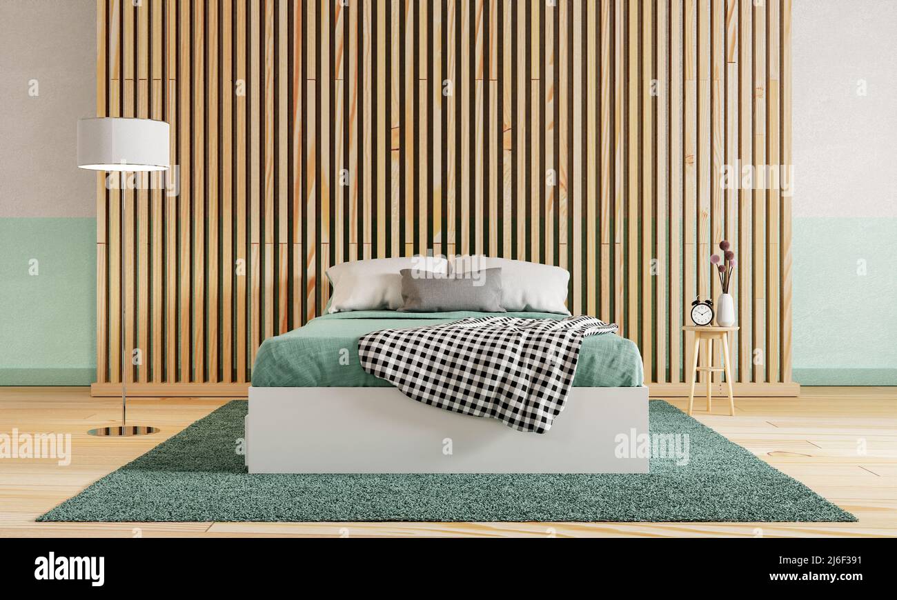 Green bedroom with wooden floor and partition wall and white green ...