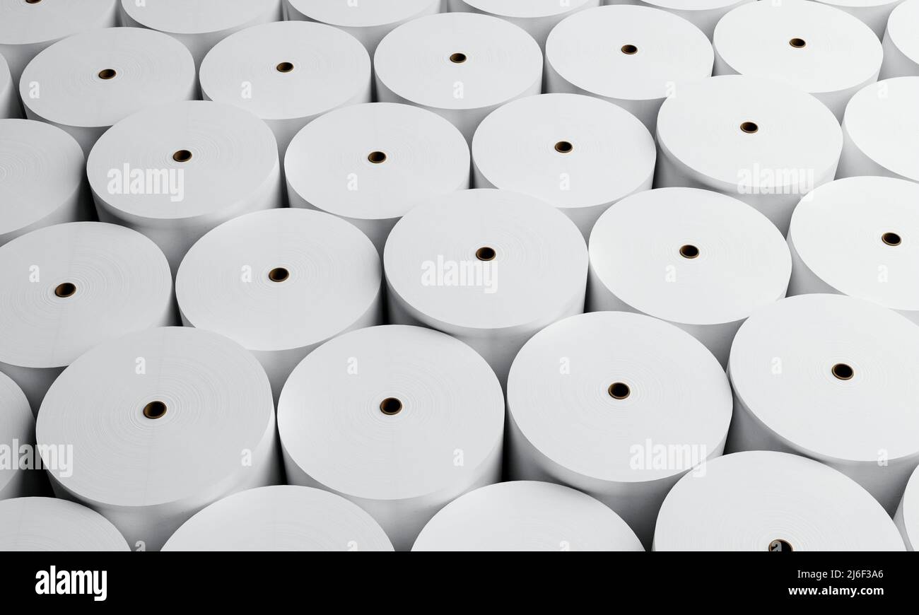 Group of white paper rolls in industrial factory for storage background ...