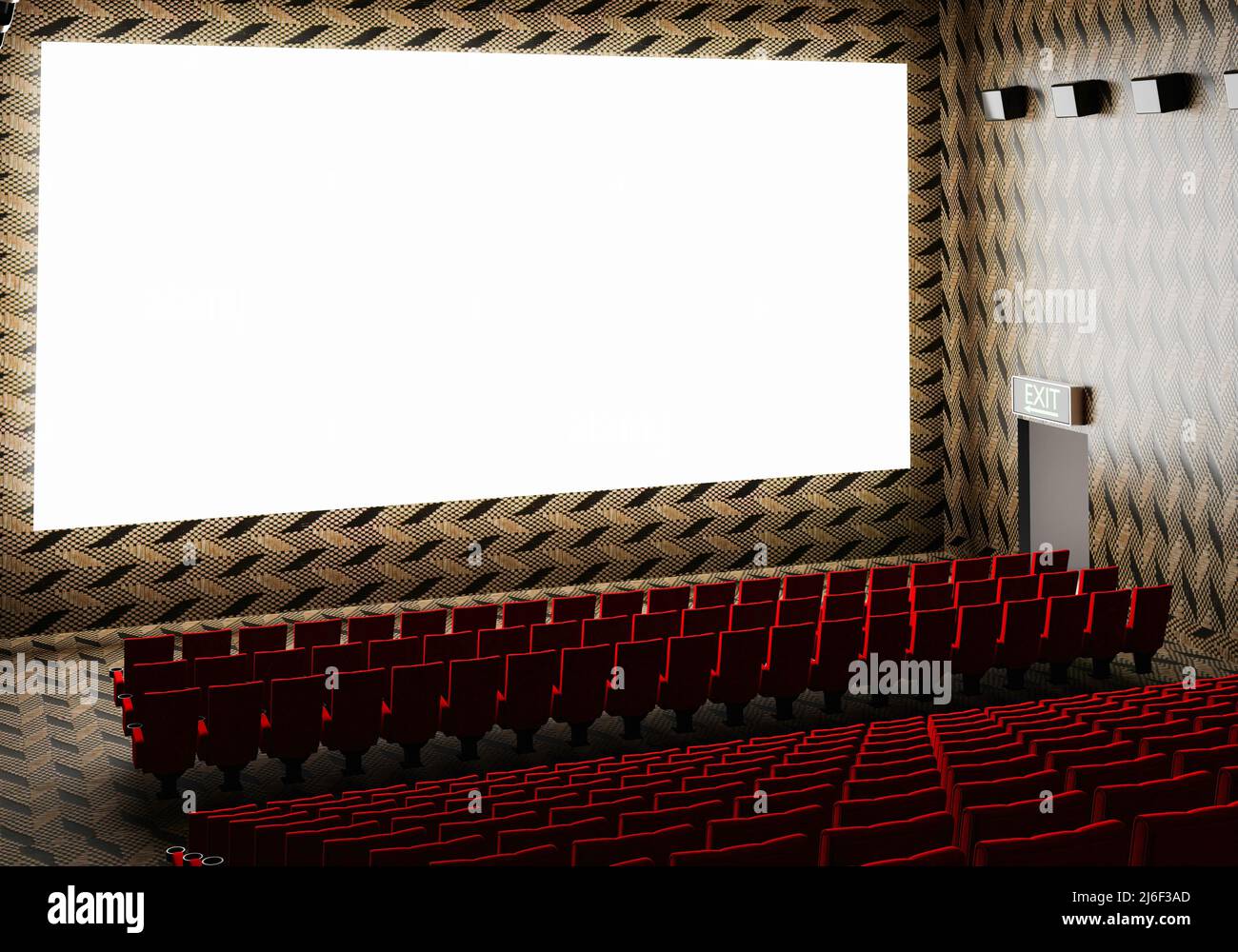 Blank white luminous cinema movie theatre screen with realistic red ...