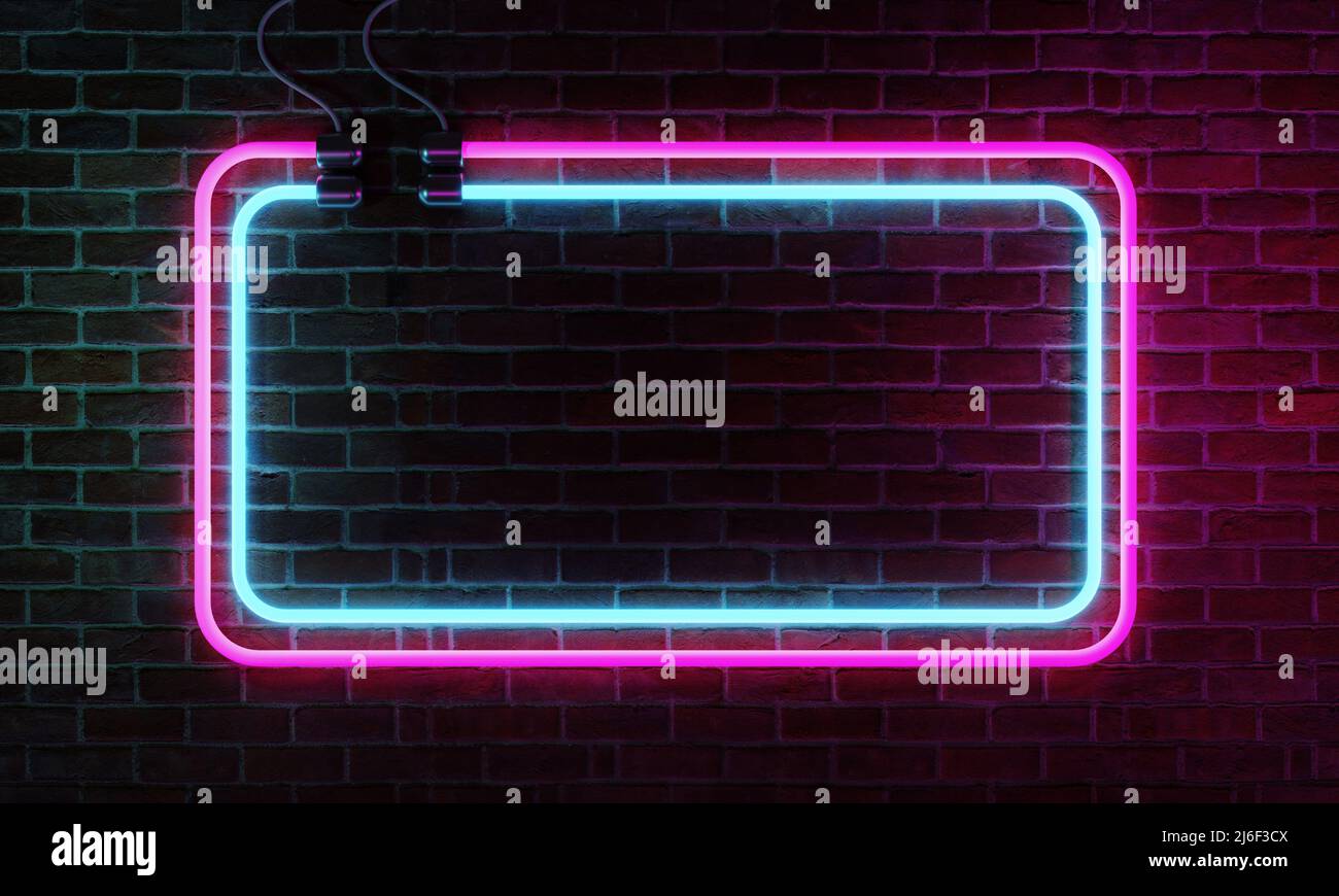 Neon sign banner with copy space on brick wall background. Abstract art ...