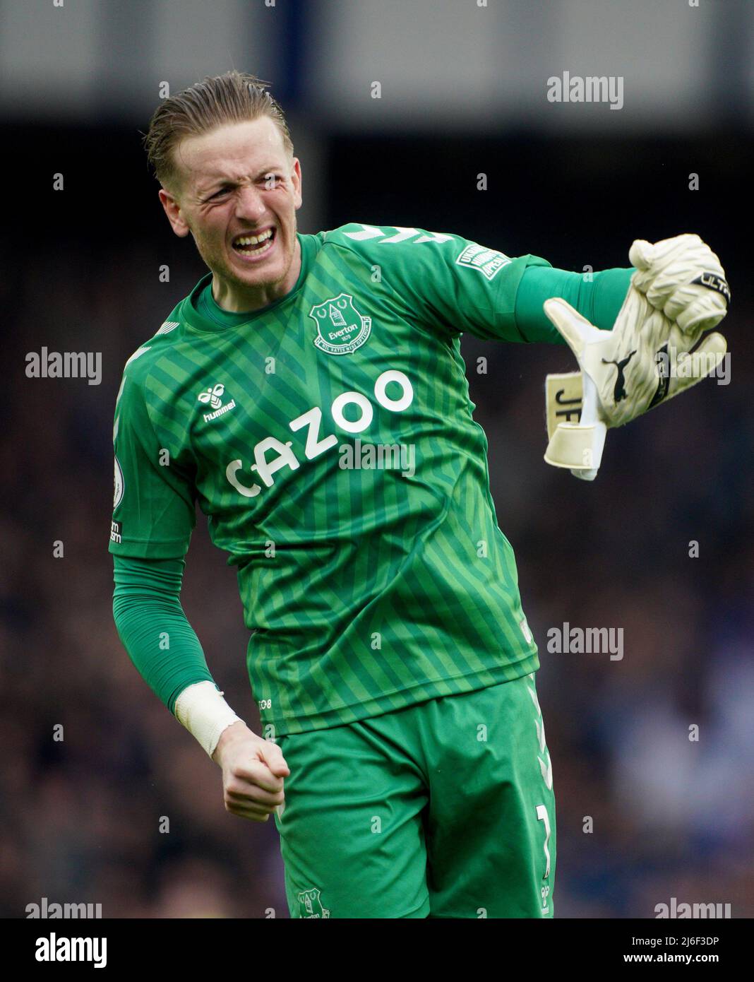 Everton goalkeeper Jordan Pickford celebrates at full time after the ...