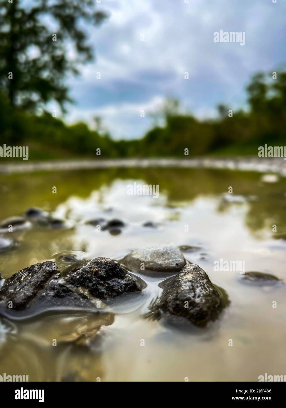 Rocks in the middle of the stream with dramatic sky and trees nature ...