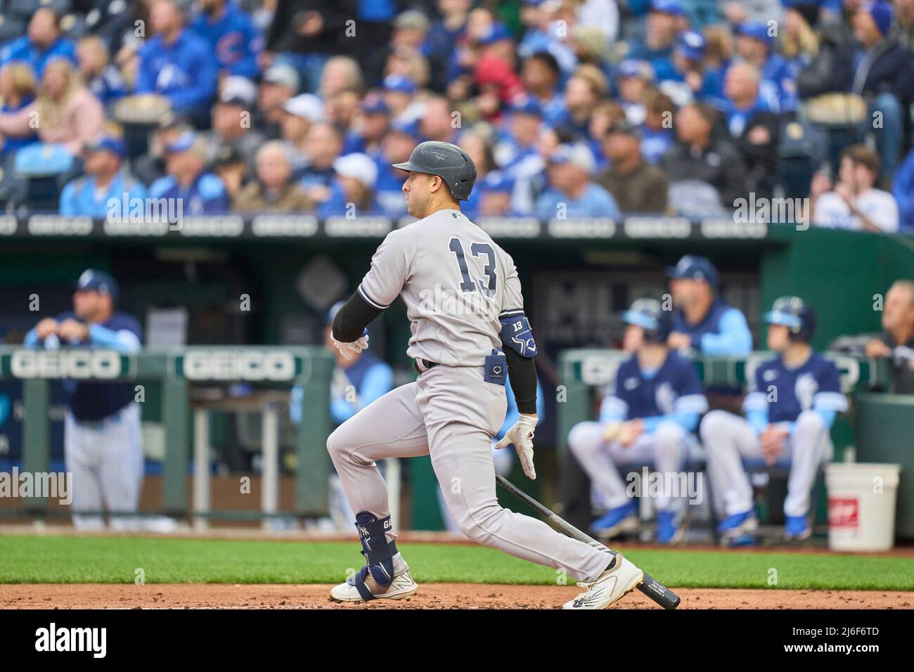 April 30 2022: New York left fielder Joey Gallo (13) gets a hit during ...