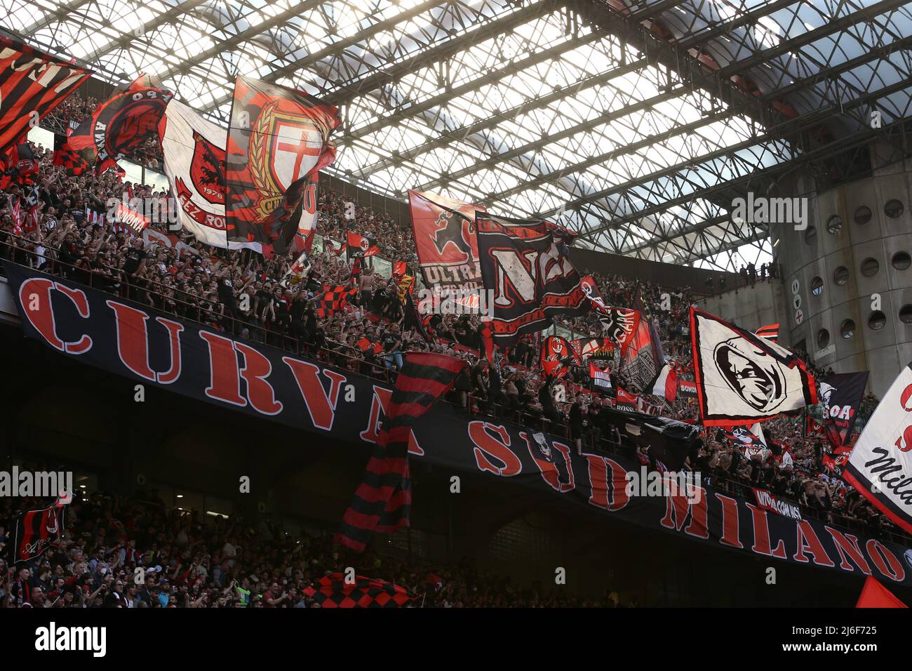 San Siro stadium, Milan, Italy, May 01, 2022, AC Milan supporters sing ...