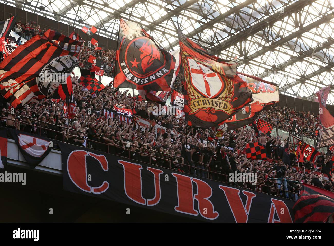 San Siro stadium, Milan, Italy, May 01, 2022, AC Milan supporters sing ...
