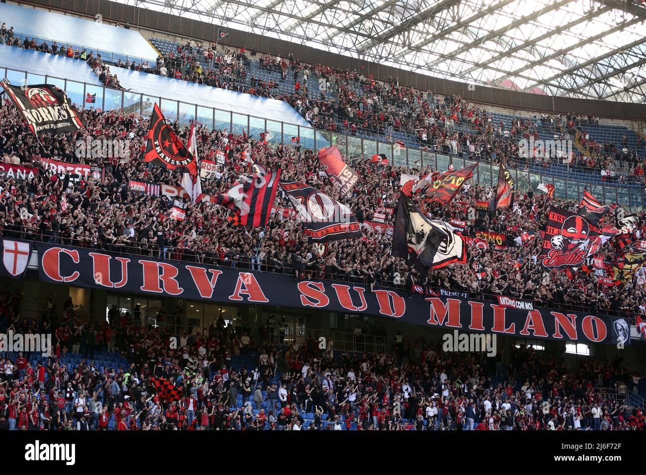 San Siro stadium, Milan, Italy, May 01, 2022, AC Milan supporters sing ...