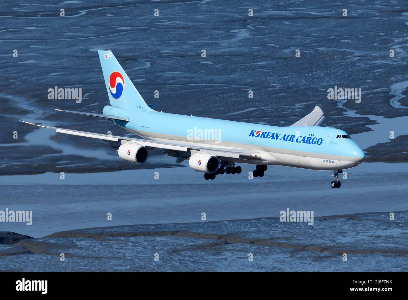 Korean Air Cargo Boeing 747 aircraft landing. Airplane 747-8F flying ...