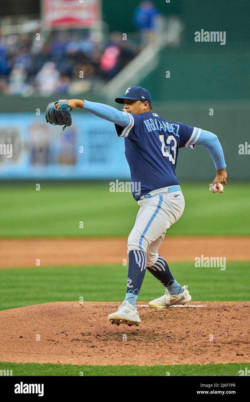 April 30 2022: Kansas City pitcher Carlos Hernandez (43) warming up ...