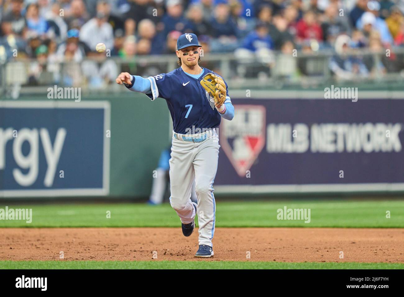 April 30 2022: Kansas City third baseman Bobby Witt Jr. (7) makes a ...