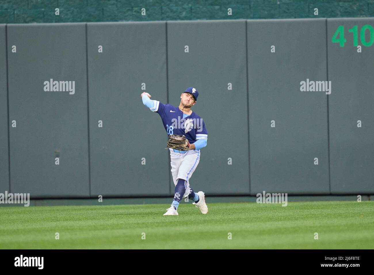 April 30 2022: Kansas City center fielder Kyle Isbel (28) makes a play ...
