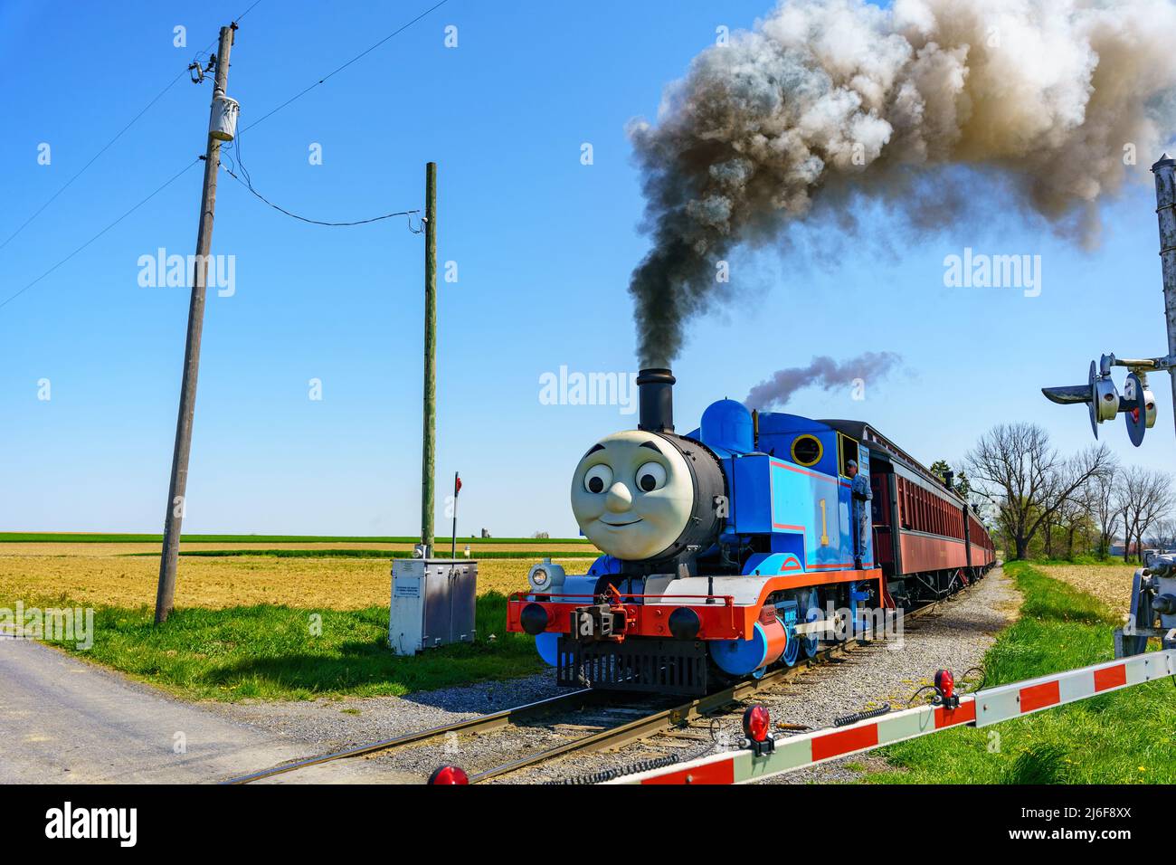 Ronks, PA, USA - April 30, 2022: Thomas the Tank Engine chugs along the ...