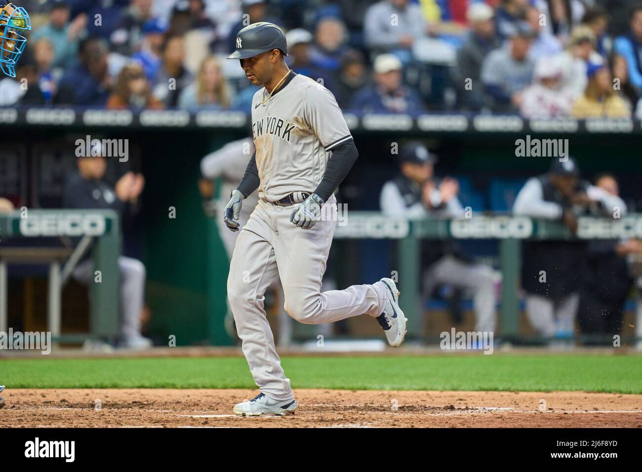 April 30 2022: New York center fielder Aaron Hicks (31) scores a run ...