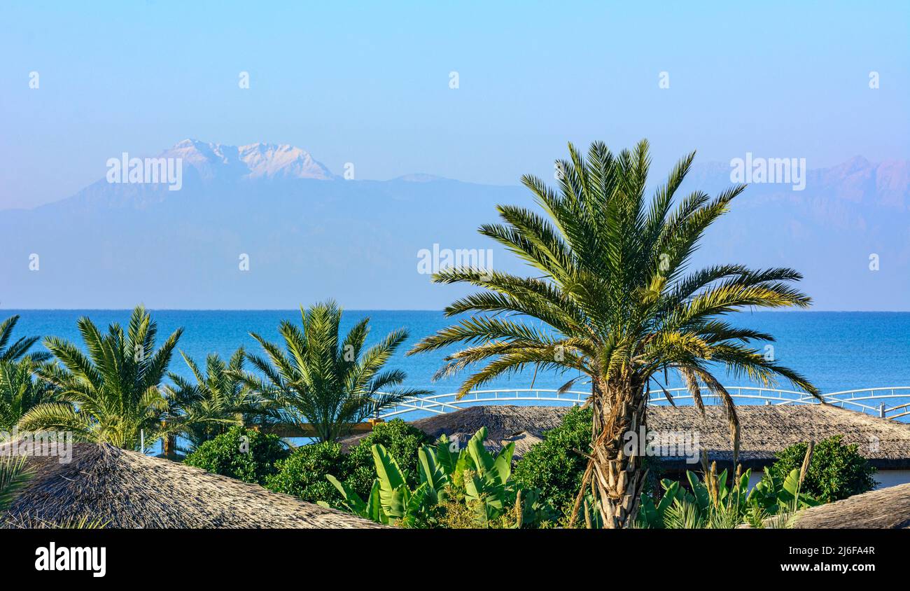 View of the snow-covered peaks of the mountains west of Antalya on the ...