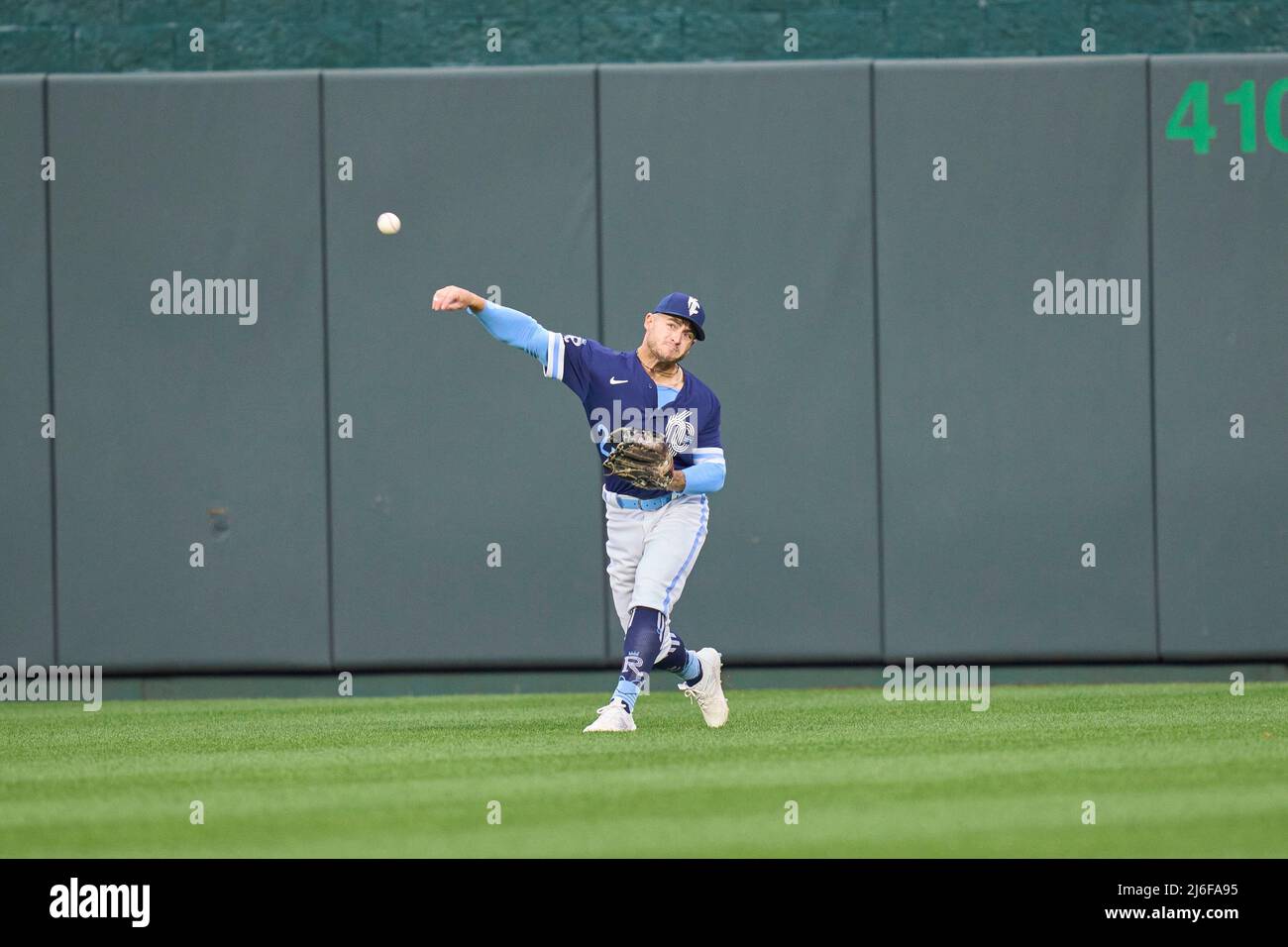 April 30 2022: Kansas City center fielder Kyle Isbel (28) makes a play ...