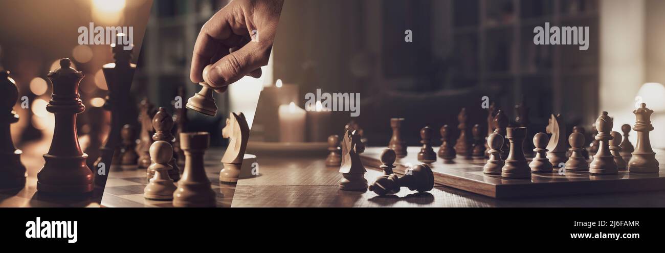 Chess game: luxury wooden chess set and player moving pieces on the ...