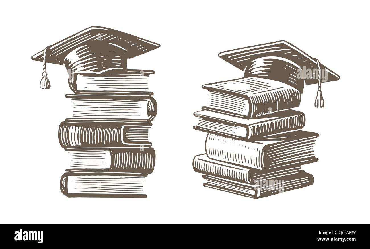 Stack of books with graduation cap sketch. Studying in college, school ...