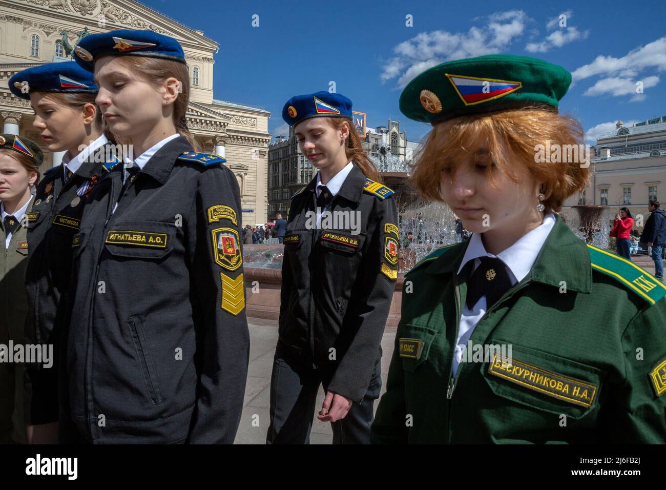 Moscow, Russia. 1st May, 2022 Young women in military uniforms walk ...