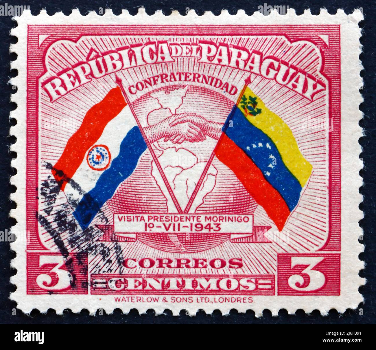 PARAGUAY - CIRCA 1945: a stamp printed in Paraguay shows Handshake, Map ...