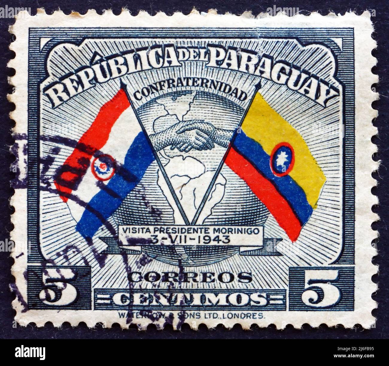 PARAGUAY - CIRCA 1945: a stamp printed in Paraguay shows Handshake, Map ...