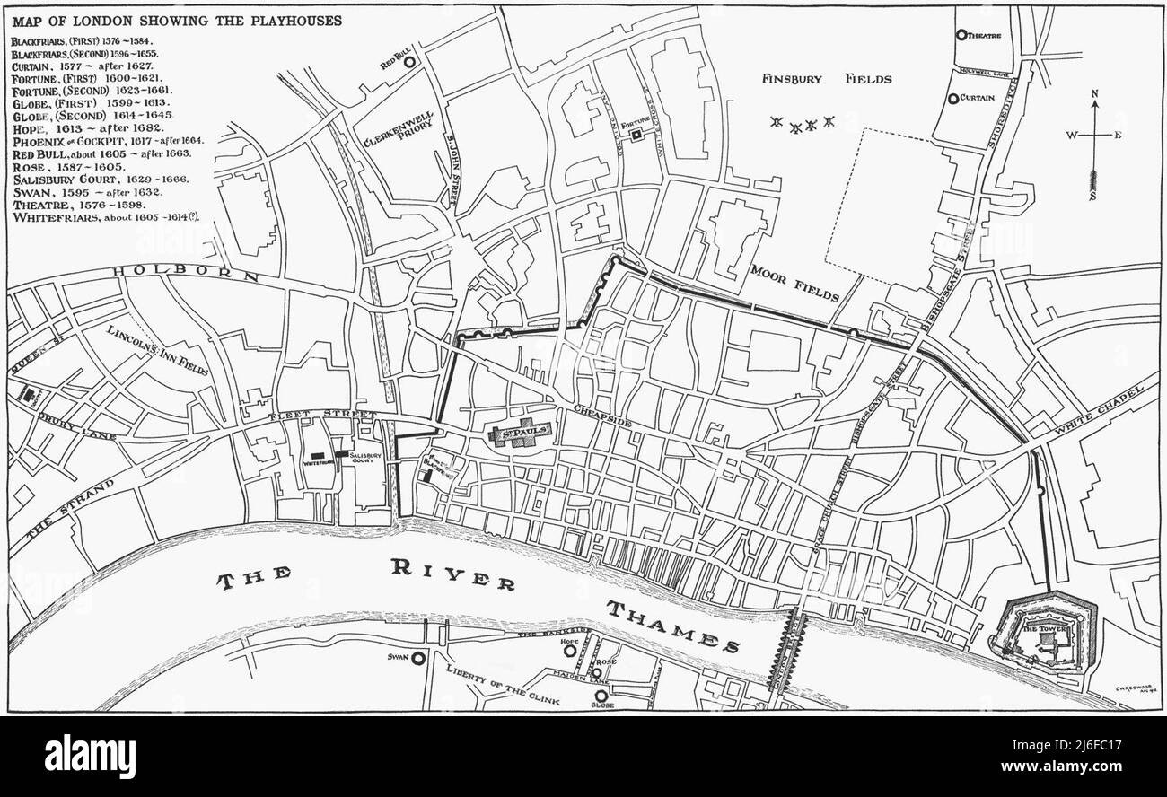 1917 map showing theatres of 16th and 17th century London Stock Photo ...