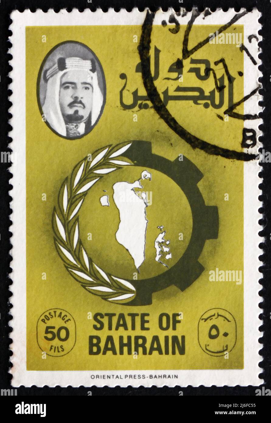 BAHRAIN - CIRCA 1979: a stamp printed in the Bahrain shows Map of ...
