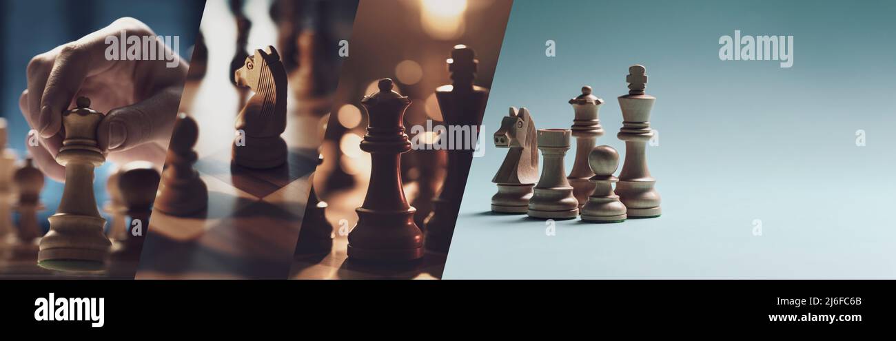 Chess game: luxury wooden chess set and player moving pieces on the chessboard, strategy and ...